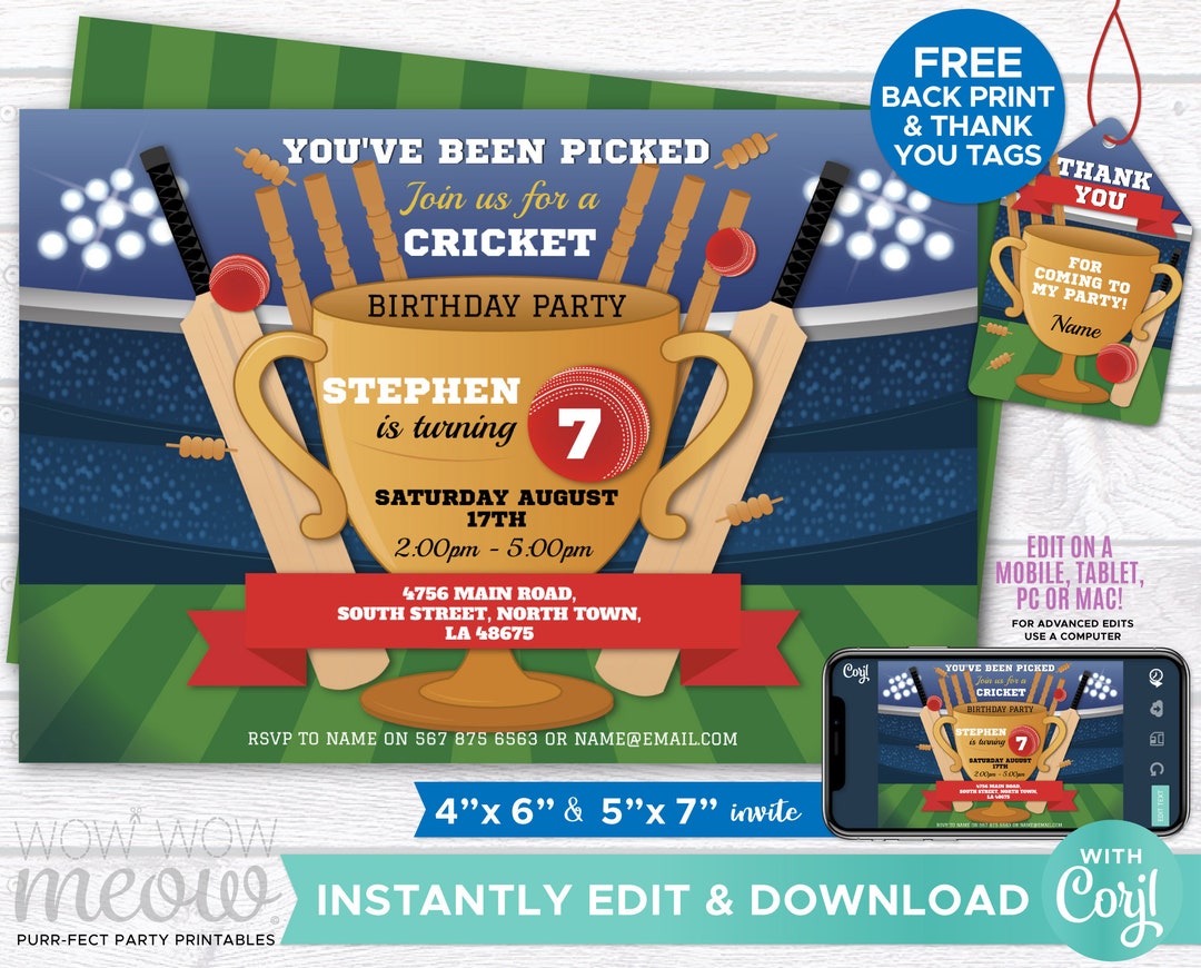 Cricket Invitation Sport Party Birthday Invite Boys Bat Ball INSTANT ...