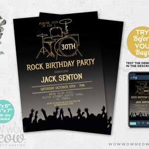 Rock Birthday Invitations N Roll Gold Party Invite Drum Kit INSTANT ...