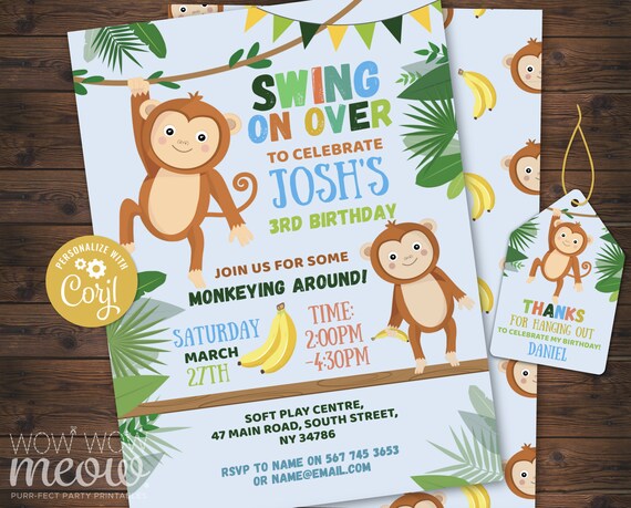 Monkey Invitation Birthday Party Swing by INSTANT DOWNLOAD - Etsy