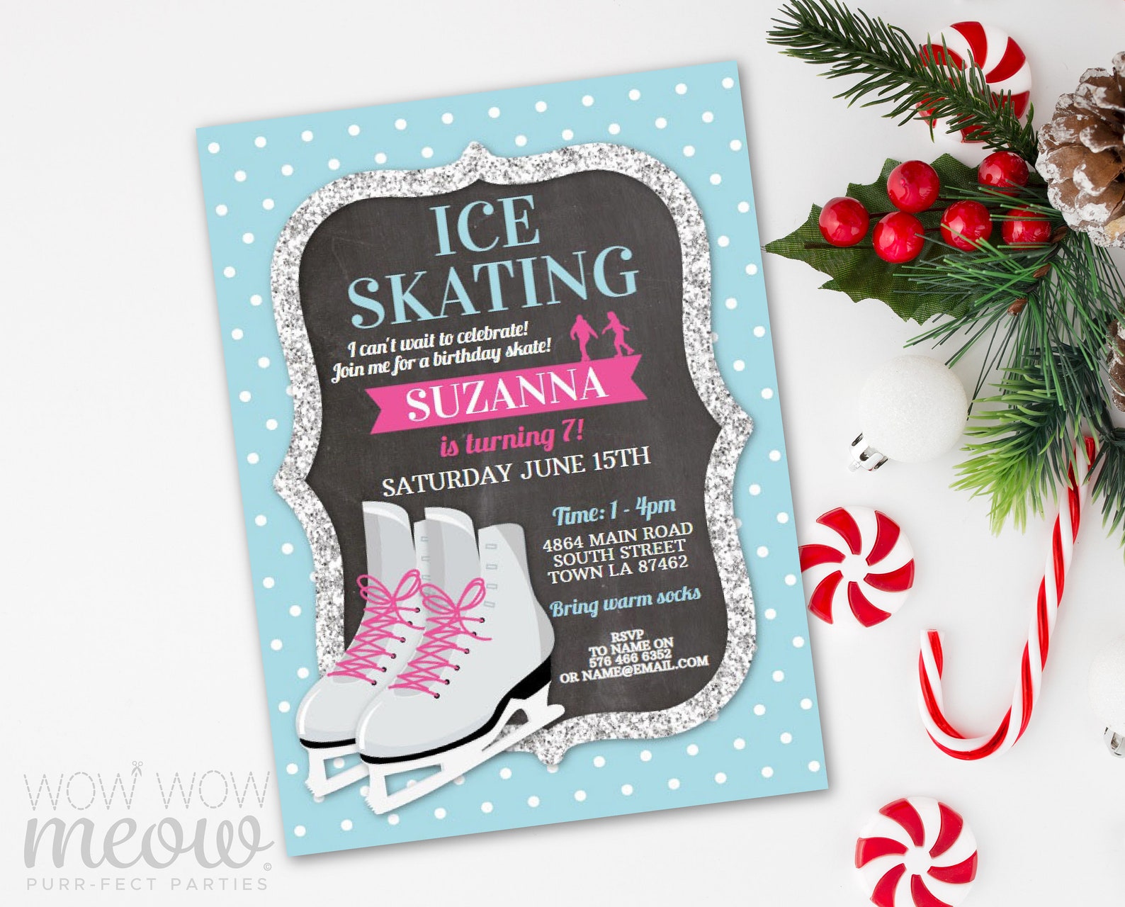 Ice Skating Invitation Birthday Party INSTANT DOWNLOAD Silver Glitter ...