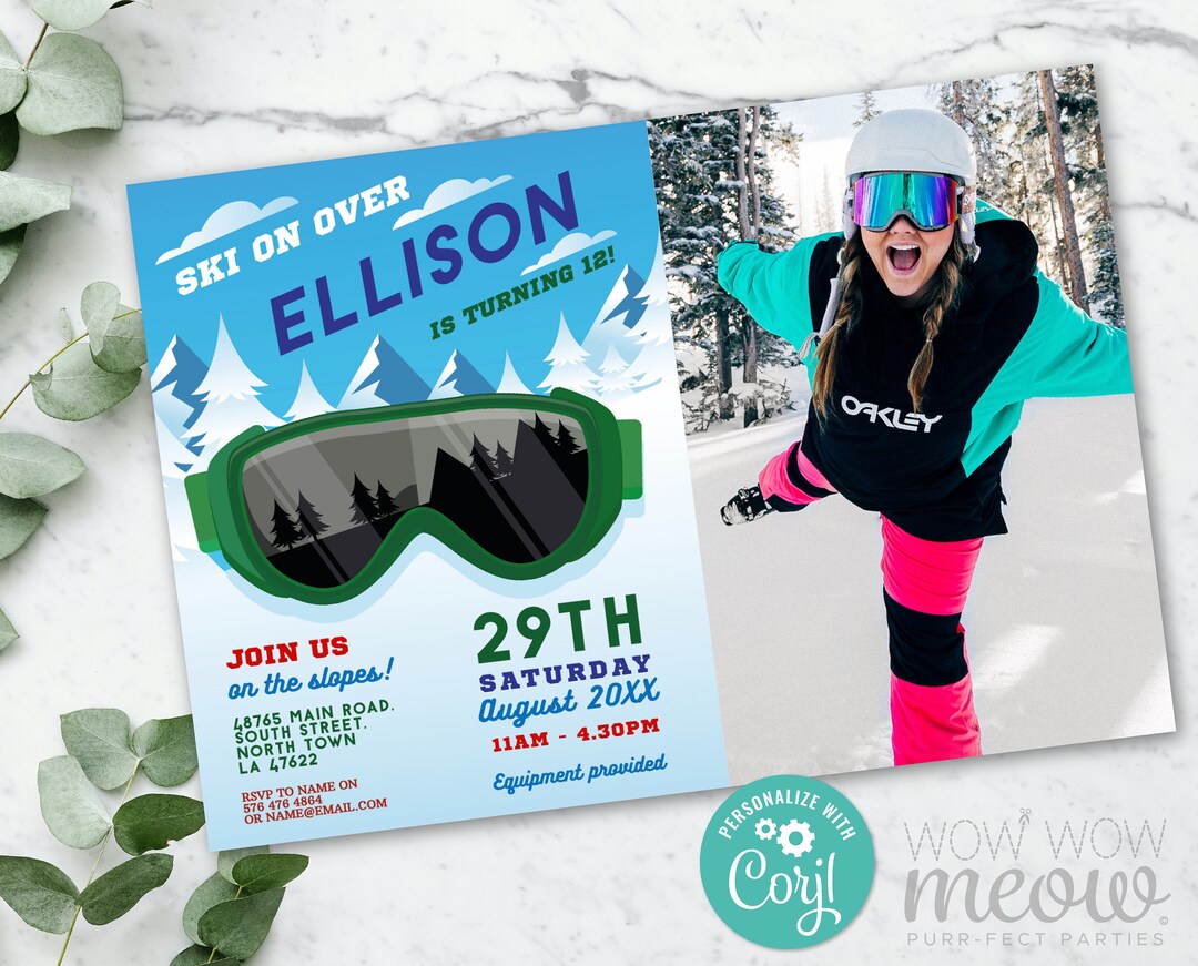 Ski Invitation Birthday Dry Slope Googles Skiing Party Photo Download ...