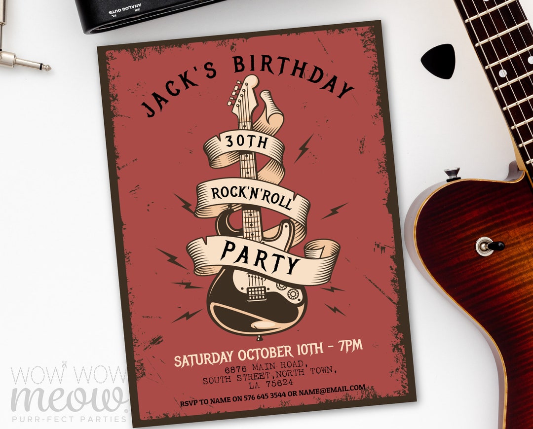 Rock N Roll Birthday Invitations Guitar Electric Party Invite Digital ...