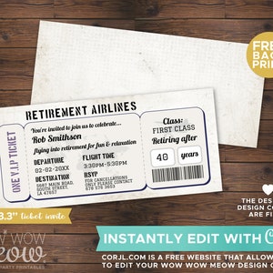 Retirement Ticket Invitation Retired Plane Invite INSTANT DOWNLOAD ...
