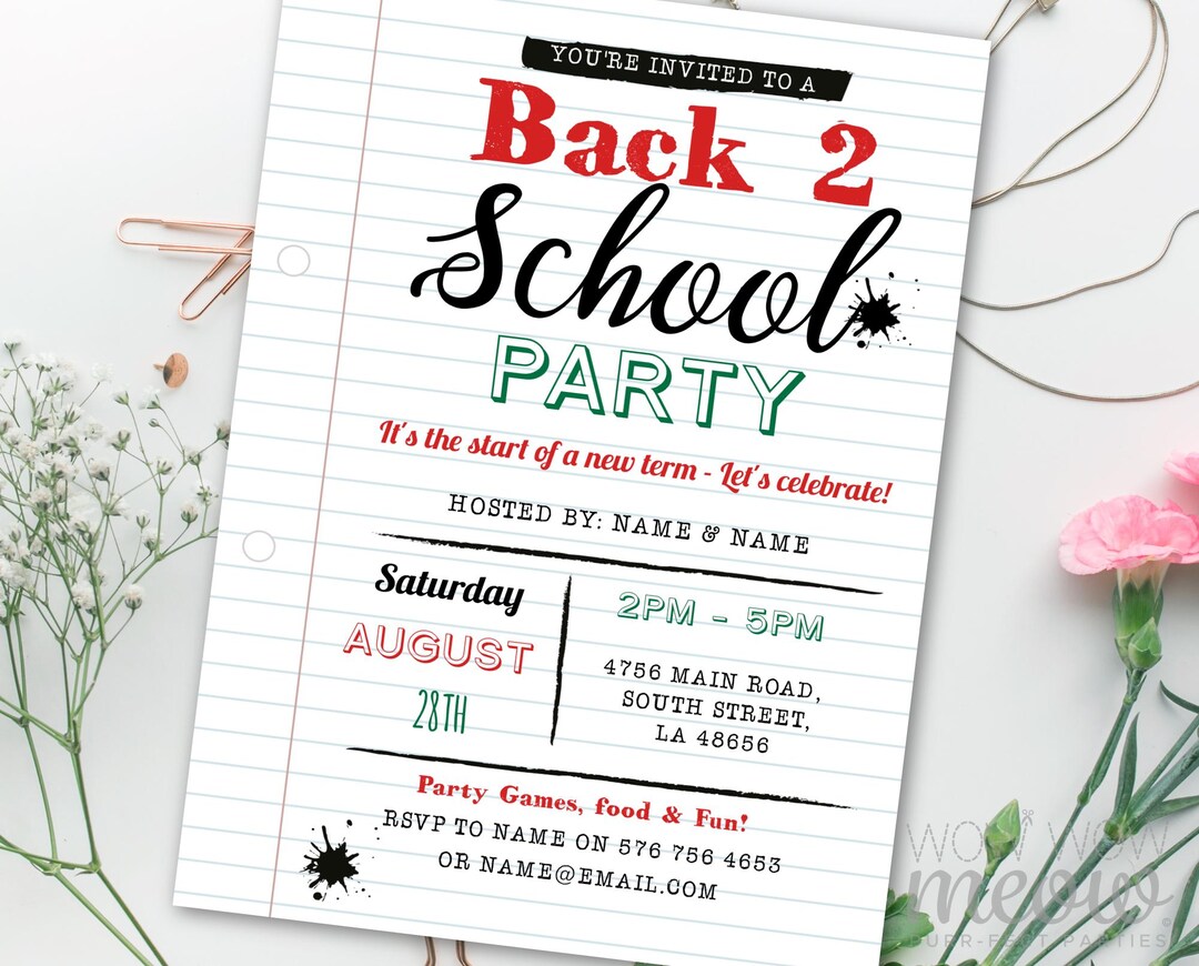 Back to School Party Invitations INSTANT DOWNLOAD Note New Term 2 ...
