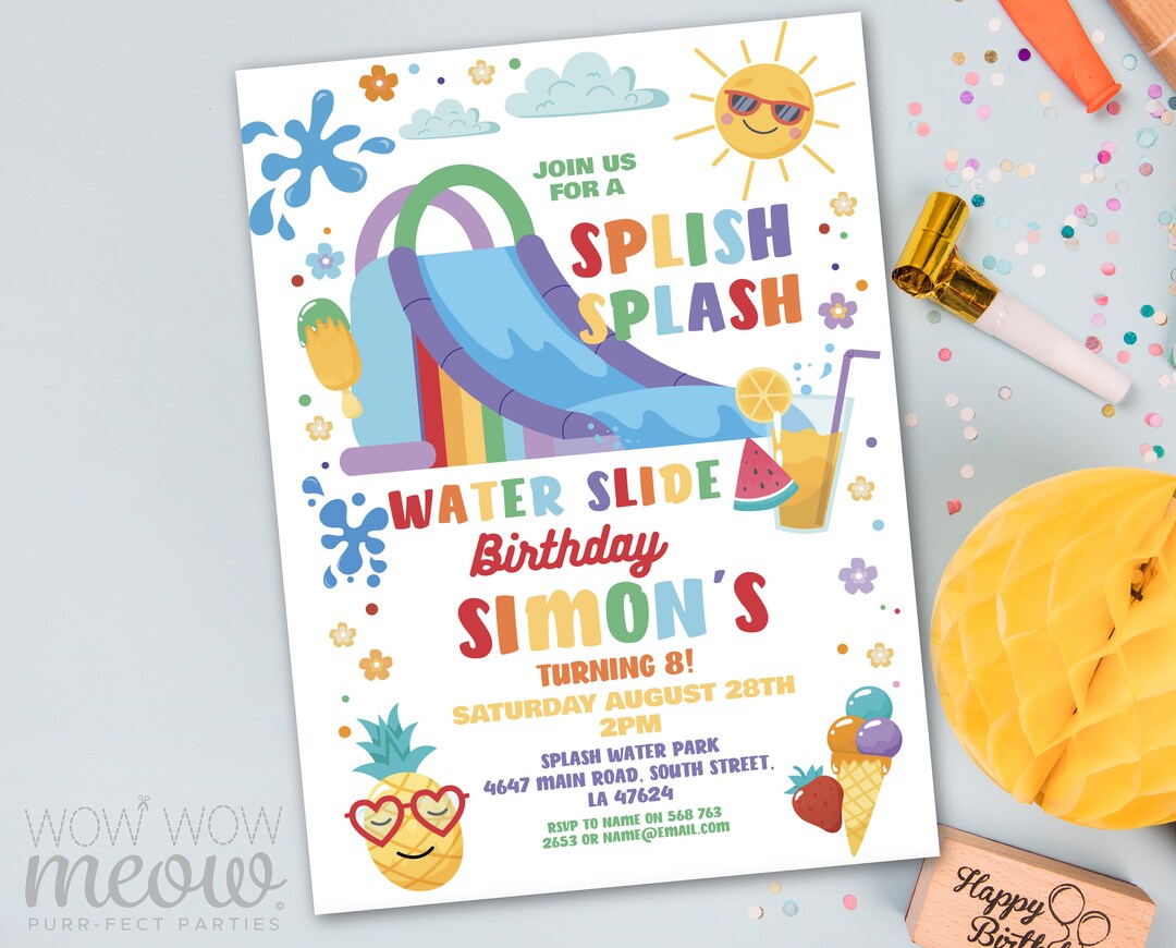 Water Slide Invitation Rainbow Park Party Waterpark Birthday Invite ...