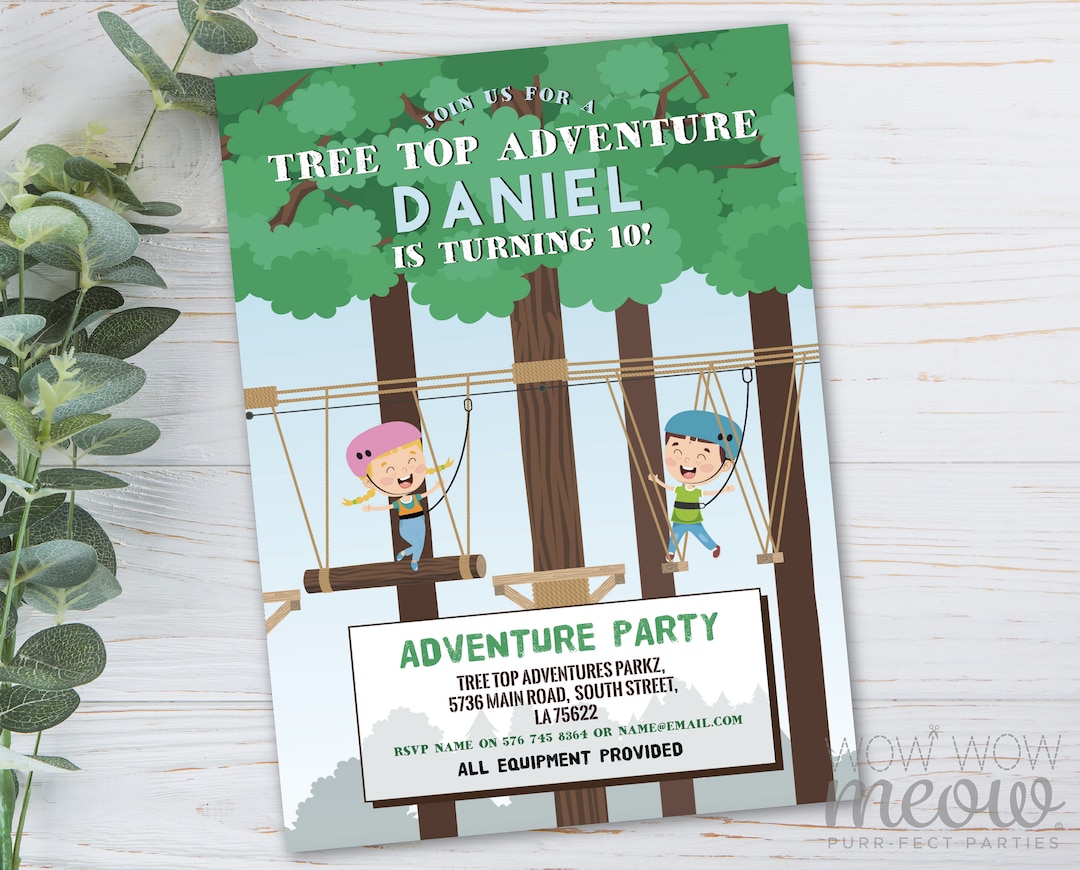 Tree Top Adventures Birthday Invitations Outdoor Zip Line Park Digital ...