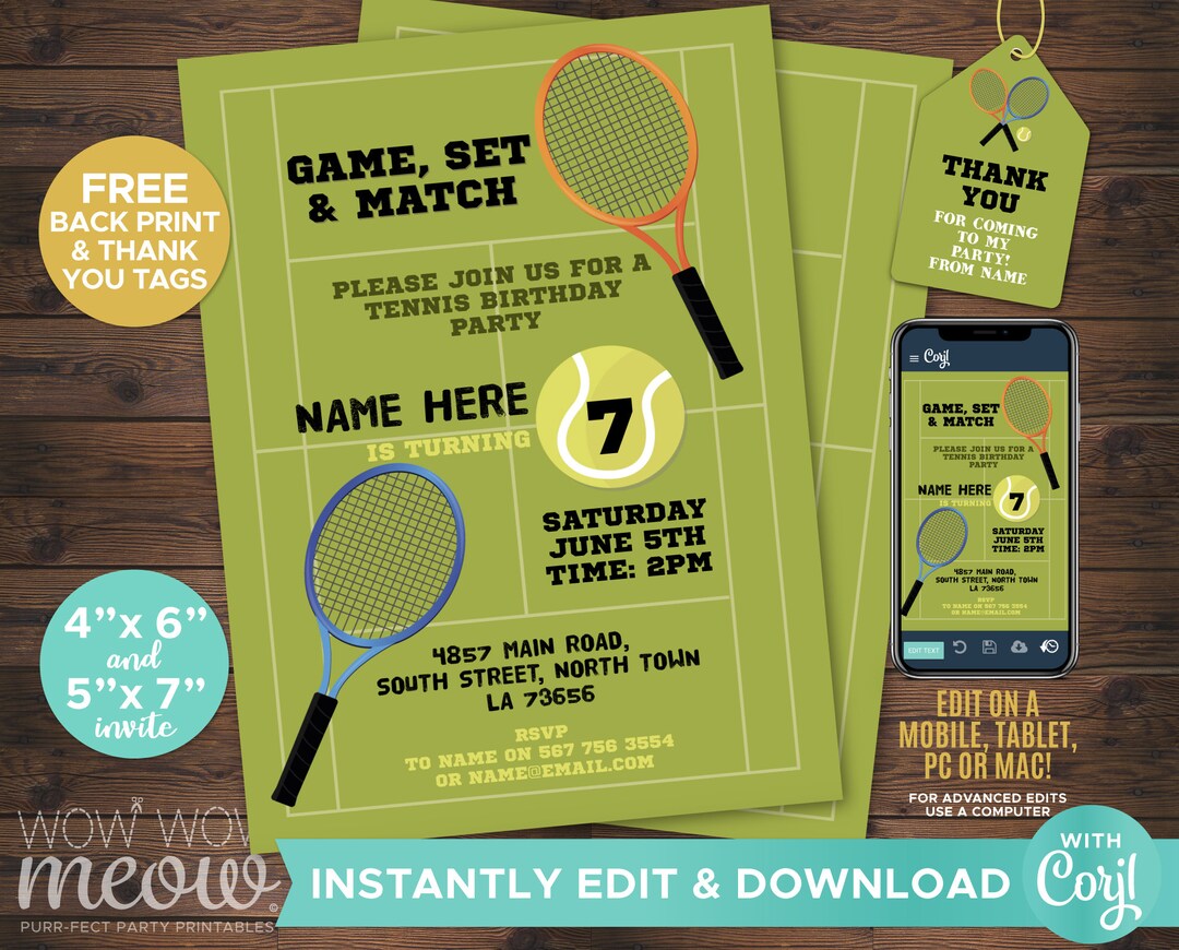 Tennis Invitation Sports Birthday Party INSTANT DOWNLOAD Racket Racquet ...