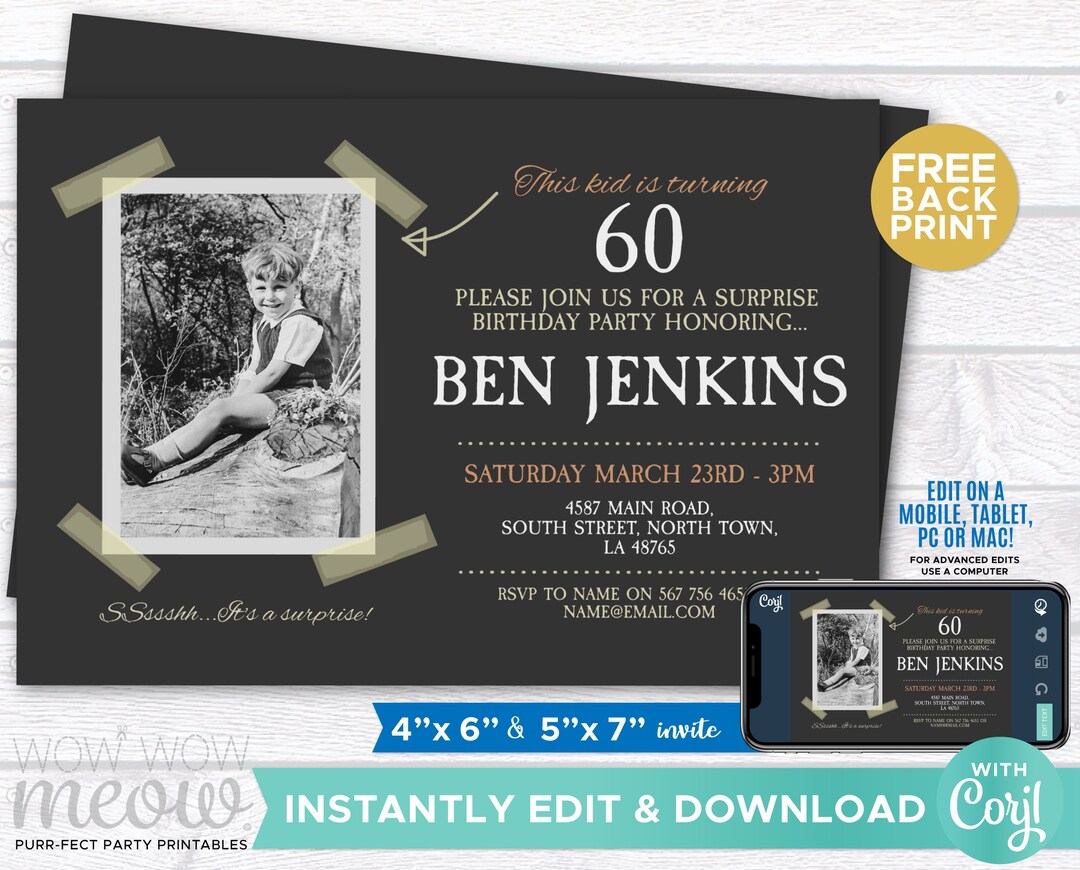 Birthday Old Photo Invitation Surprise Invite Chalk Party INSTANT ...