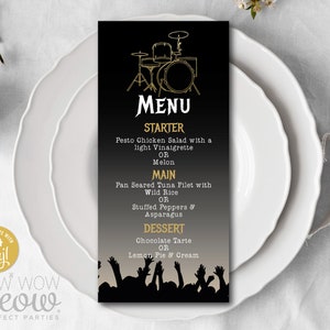 Drums Rock N Roll Menu Dinner Template Package INSTANT DOWNLOAD ...