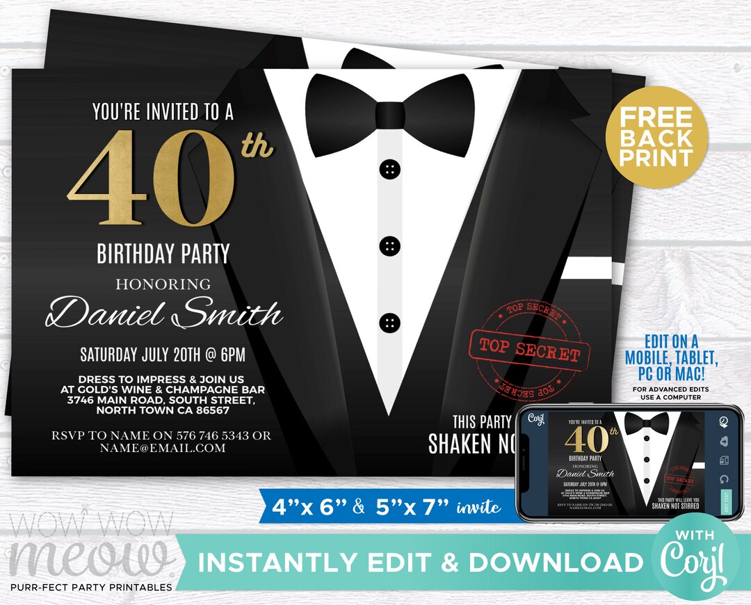 40th Birthday Invite FORTY Secret Agent Spy Party Invitation INSTANT ...