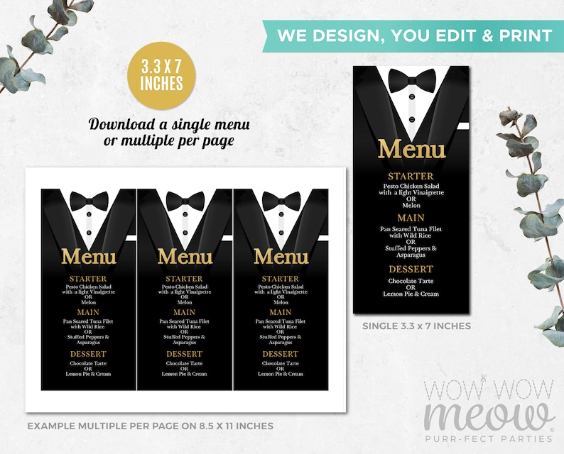 Tuxedo Black Tie Menu Dinner Template Package INSTANT DOWNLOAD - Etsy