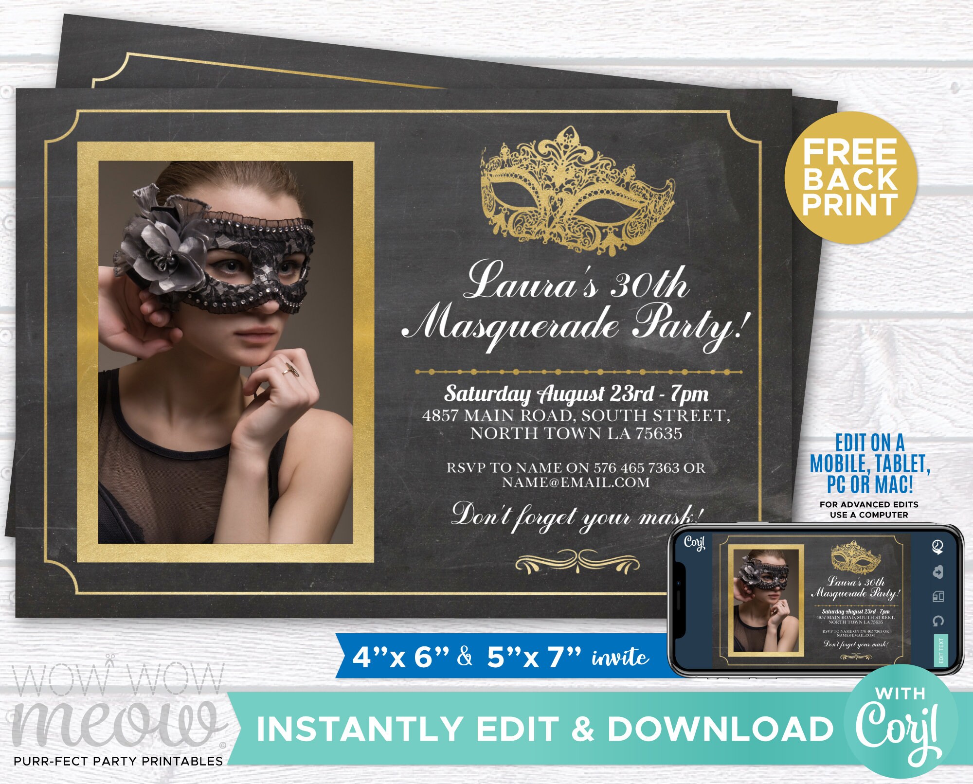 MASQUERADE Party Gold Mask Invitation Photo Elegant Birthday - Etsy