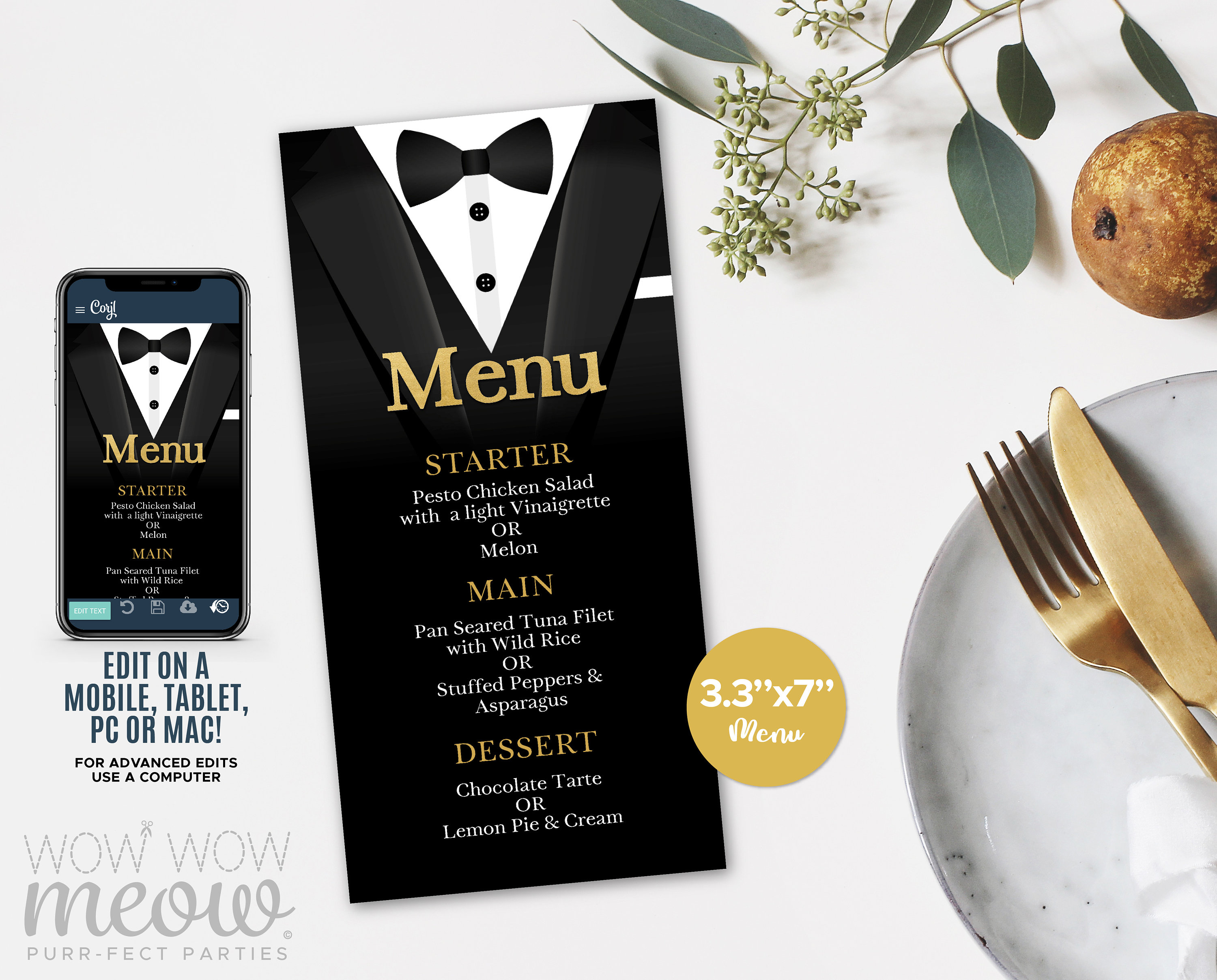 Tuxedo Black Tie Menu Dinner Template Package INSTANT DOWNLOAD - Etsy ...