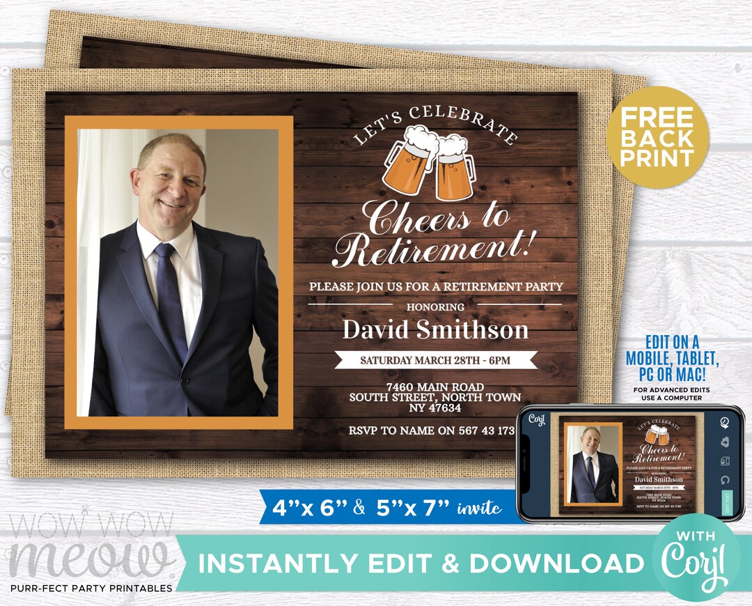 Retirement Invitation Cheer Beers Photo Retired Invite Wood Rustic Bar ...