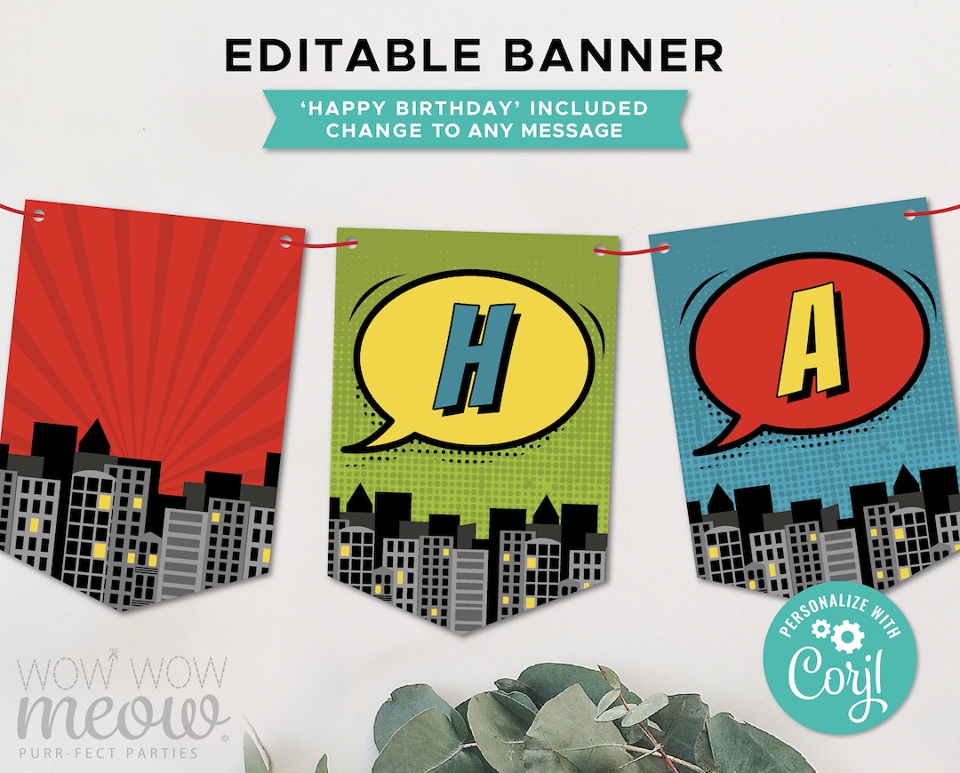 Superhero Party Banner Editable Birthday Comic Book Download - Etsy