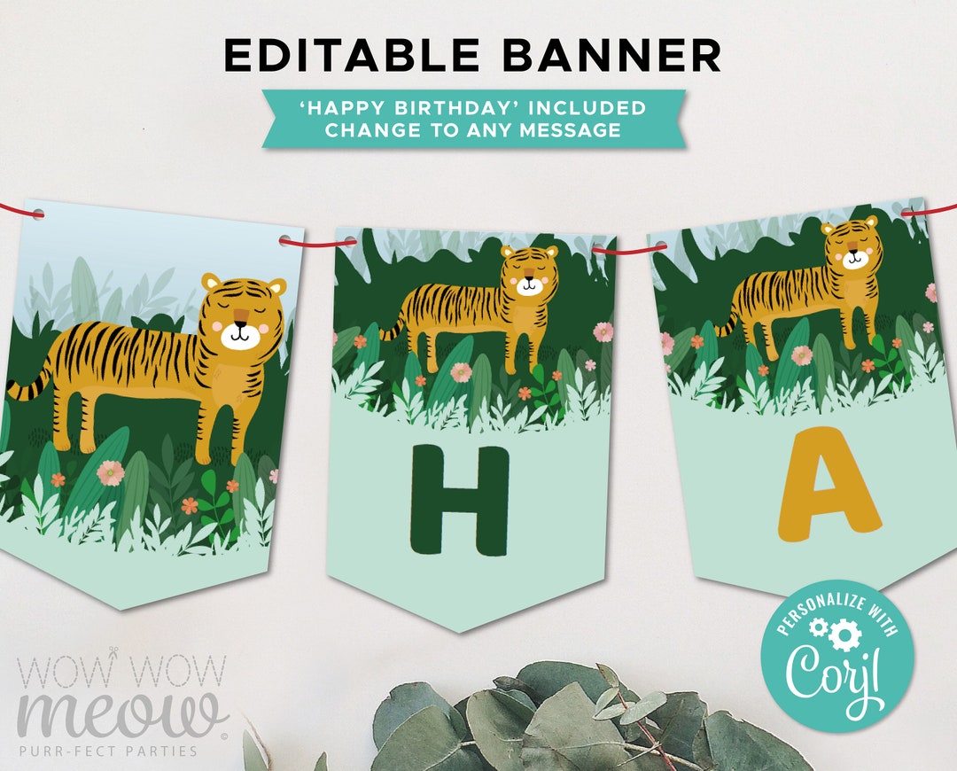 Tiger Party Banner Birthday Wild Jungle Safari Zoo Editable Download ...