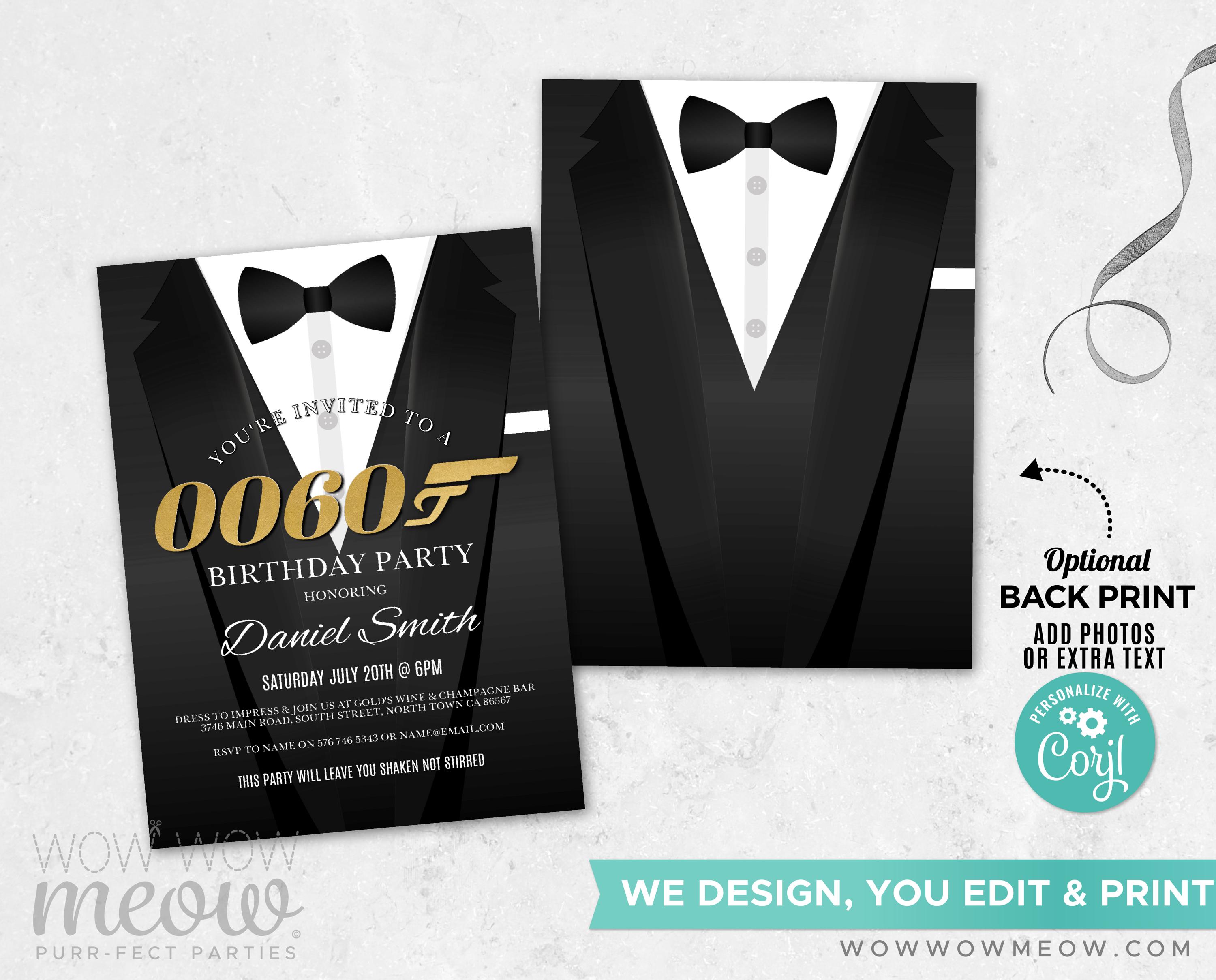 60th Birthday Invite Tuxedo Bond Invitation Black Tie Secret Agent Spy ...