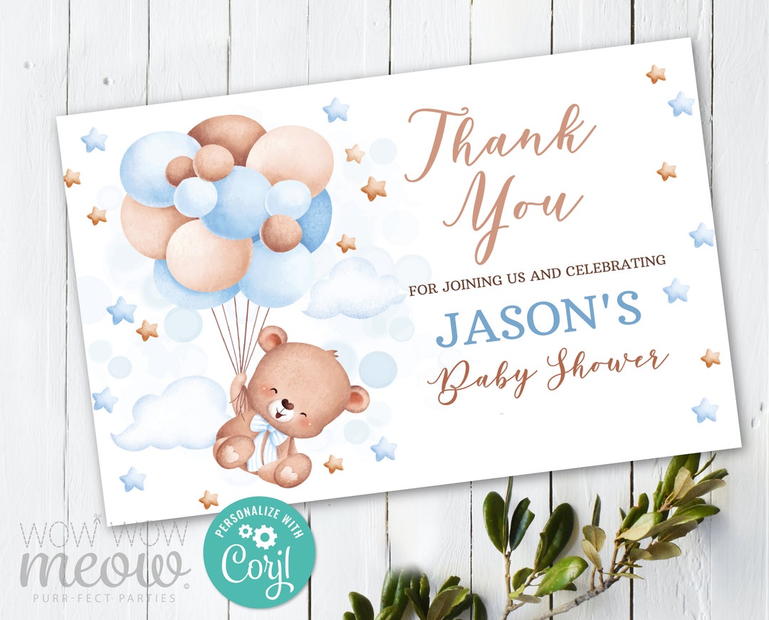 Teddy Bear Thank You Blue Baby Shower Cards Boys Gender Reveal Digital ...