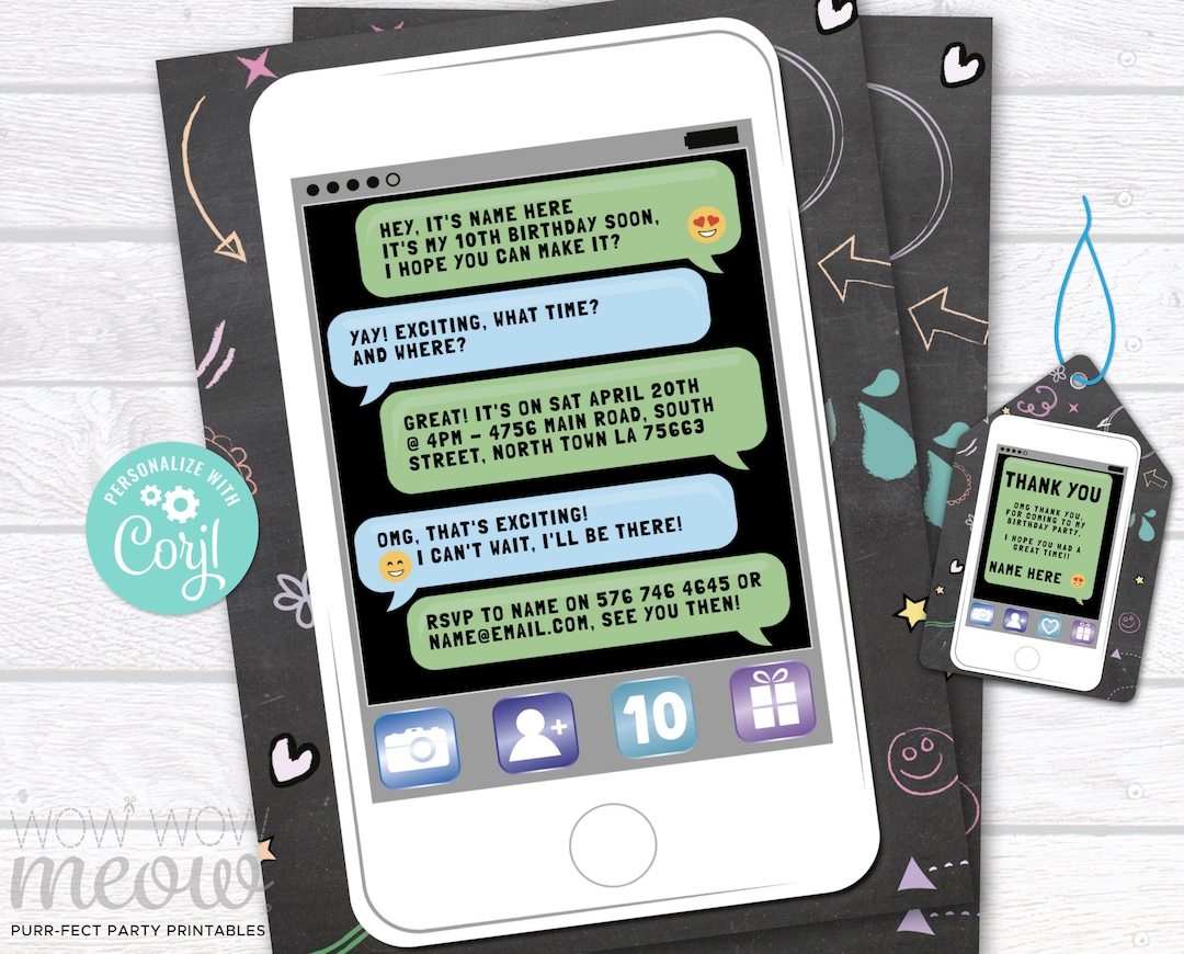 Mobile Phone Invitation Text Birthday Party INSTANT DOWNLOAD Cell ...