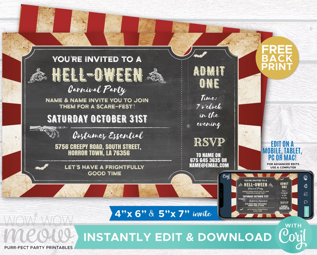 Helloween Halloween Invitations Carnevil Circus Tickets Party Printable ...