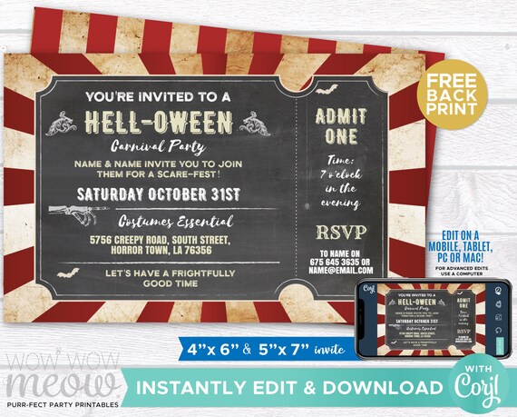 Helloween Halloween Invitations Carnevil Circus Tickets Party - Etsy