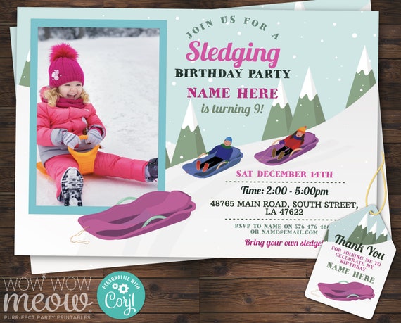 Sledging Invitation Birthday Photo Party Pink Girls Sledge | Etsy