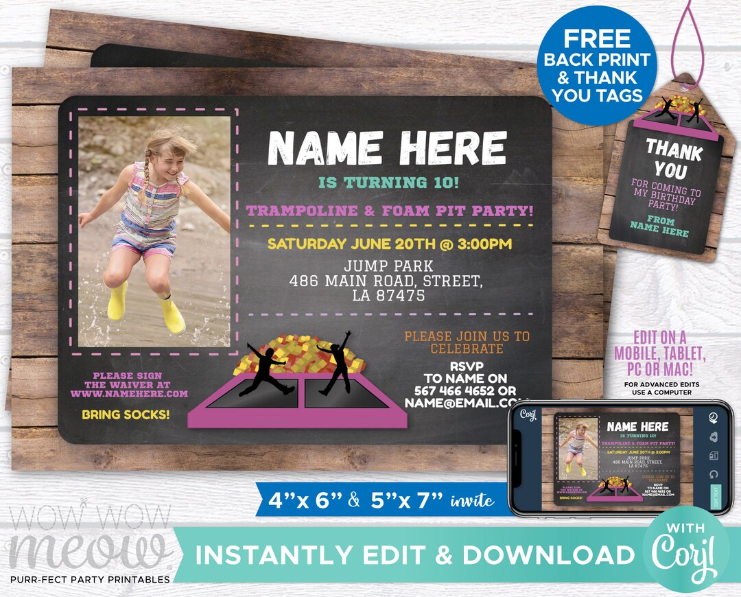 Trampoline & Foam Pit Invitations Girls Pink Photo Jump Party Invites ...