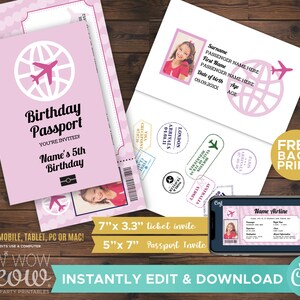 AIRPLANE Invite Ticket Invitation Photo Pink Aeroplane Passport ...