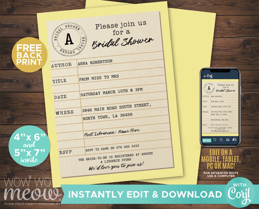 Bridal Shower Invitation Library Card Ticket Book INSTANT DOWNLOAD ...