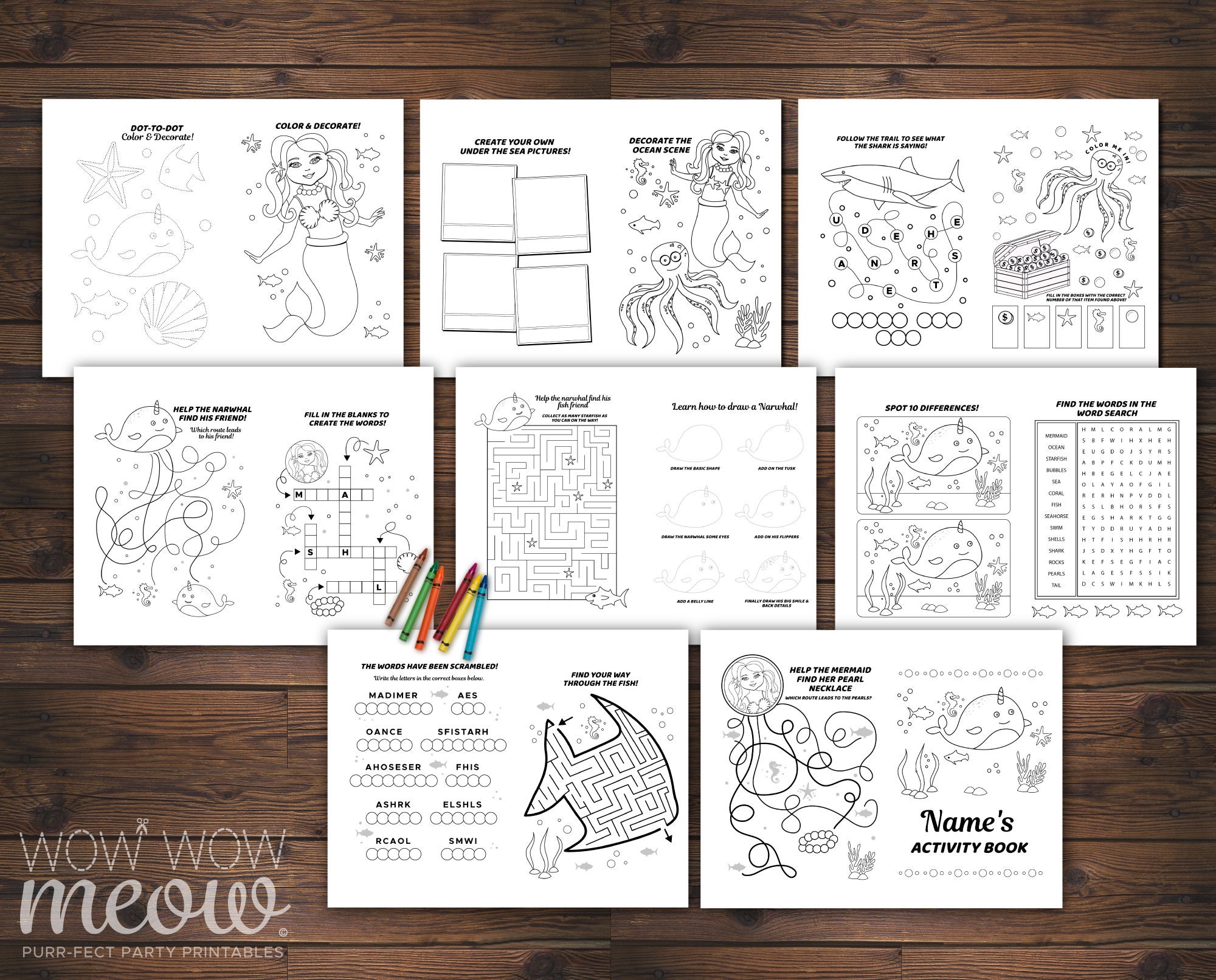 Activity Sheet Narwhal Puzzles Kids Mermaid Colouring Printable Under ...
