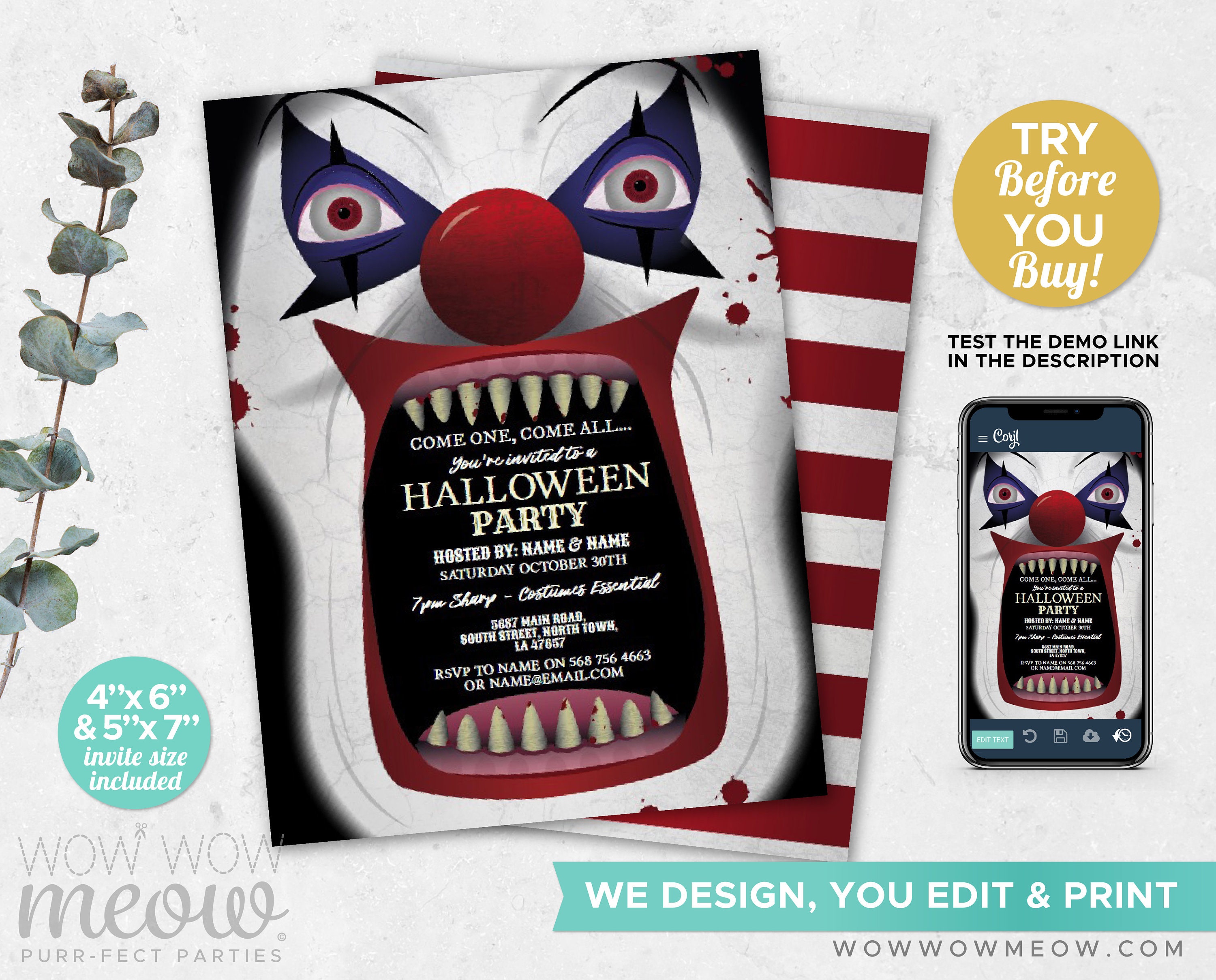Clown Halloween Invitations Scary Horror Carnival Party Printable ...