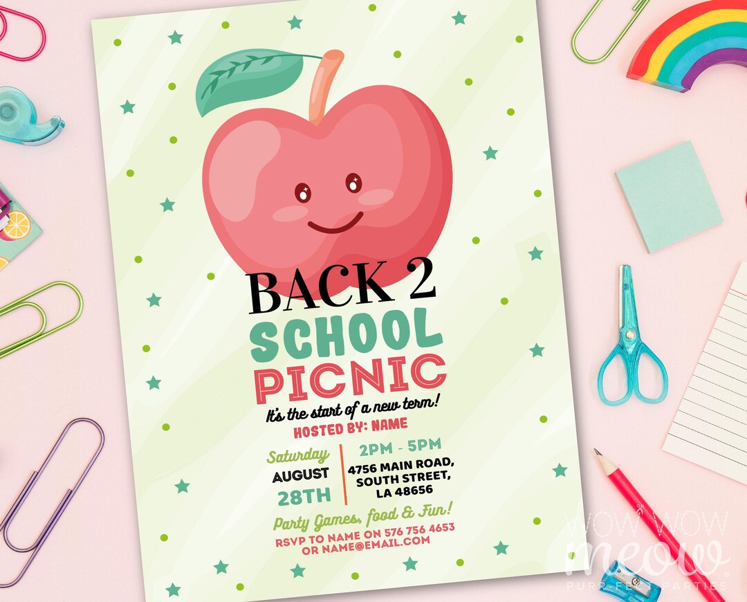 Back to School Invitations Party Apple Picnic INSTANT DOWNLOAD Students ...