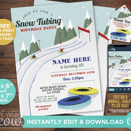 Snow Tubing Invitation Birthday Party INSTANT DOWNLOAD Tube | Etsy