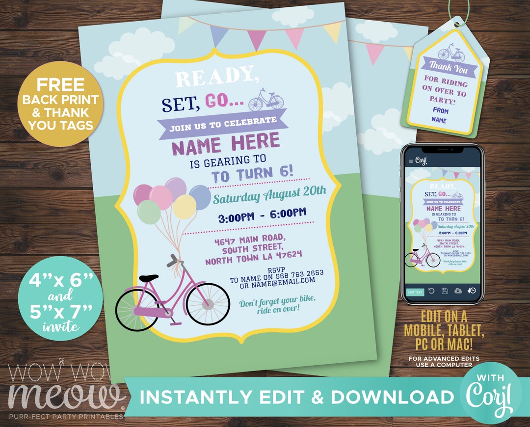 Bike Party Invitation Cycle Invite Birthday Any Age INSTANT - Etsy