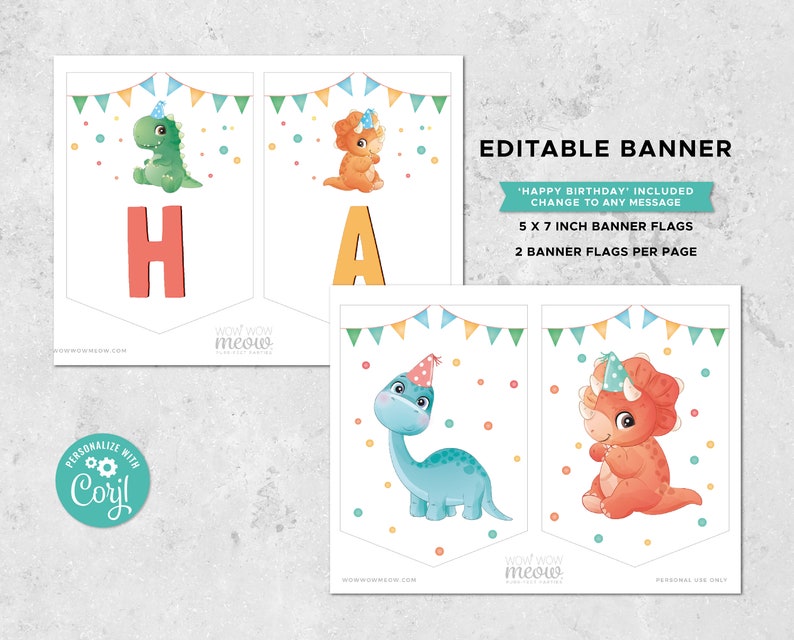 Cute Dinosaur Birthday Party Banner First Dino One Sweet Editable ...