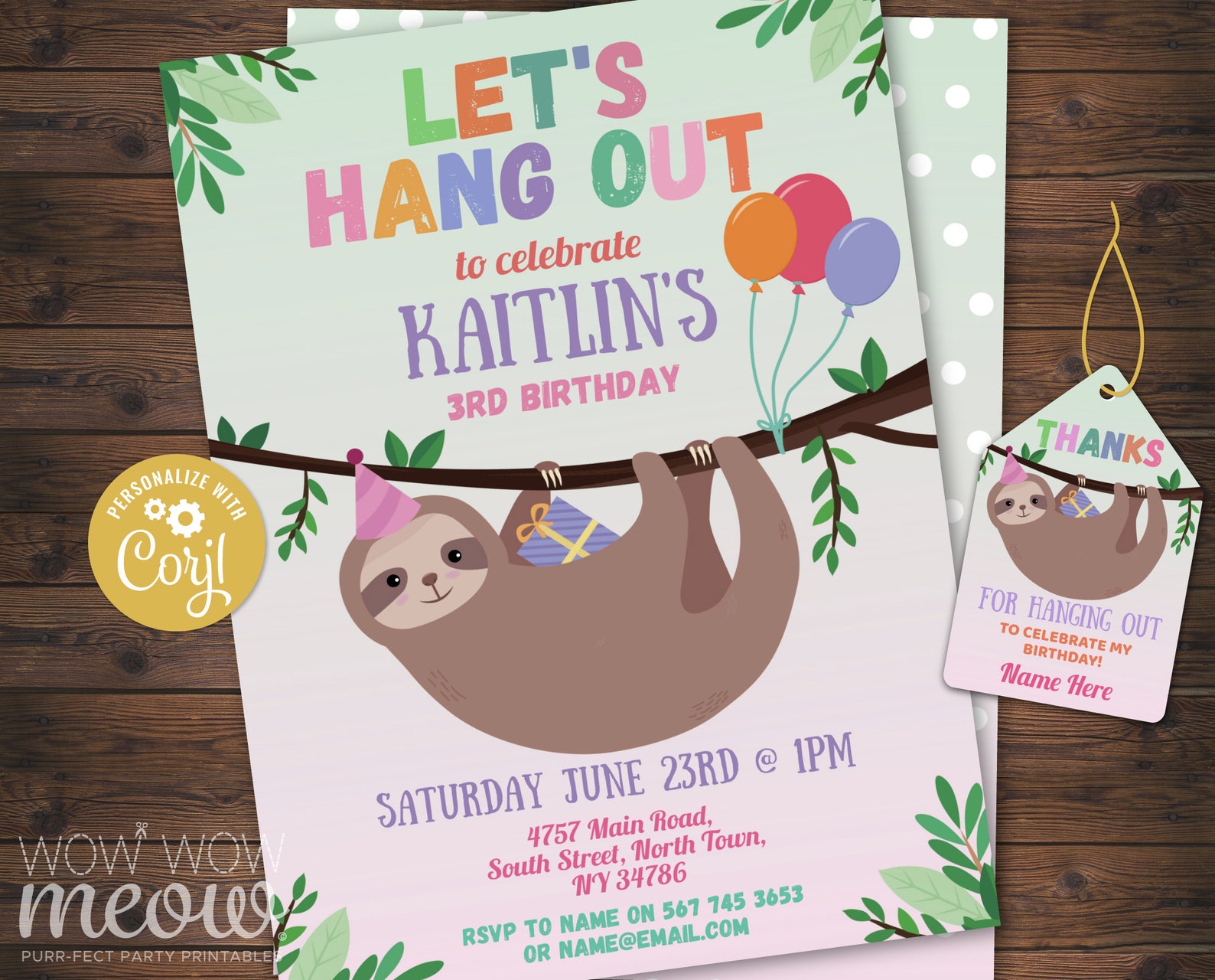 Sloth Invitation Birthday Party Let's Hang Out Chill INSTANT DOWNLOAD ...