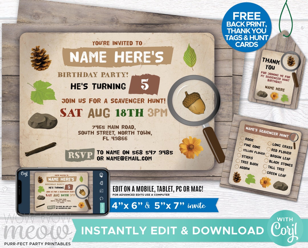 Scavenger Hunt Invite Invitation Birthday Party Yard Garden Invitation ...