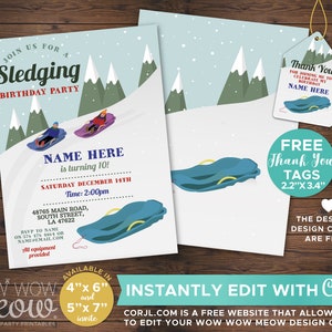 Sledging Invitation Birthday Party Sledge Winter Snow INSTANT DOWNLOAD ...