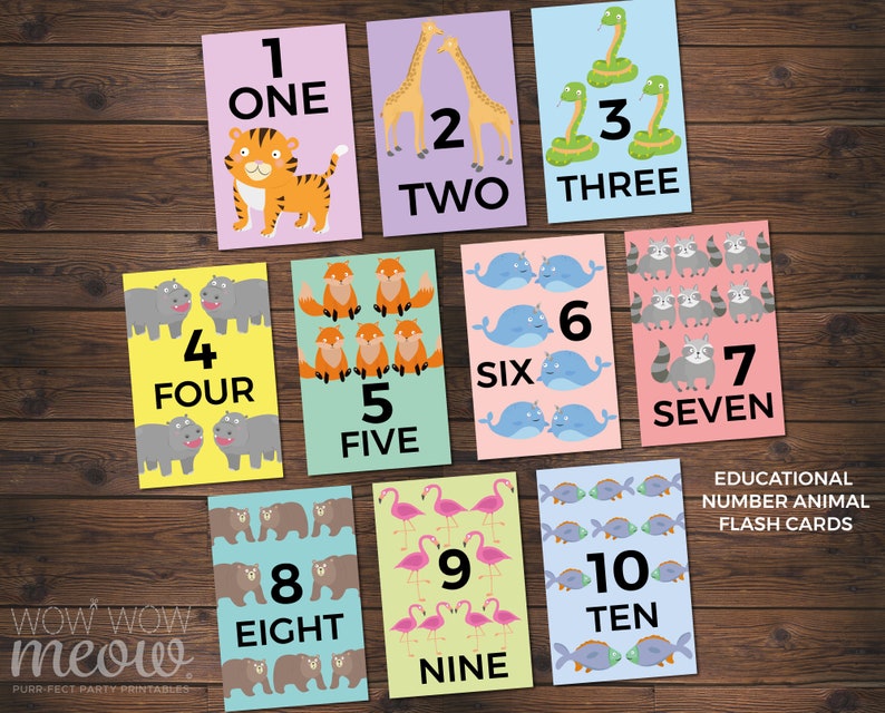 Number Animal Flash Cards Kids Counting Printable Educational - Etsy