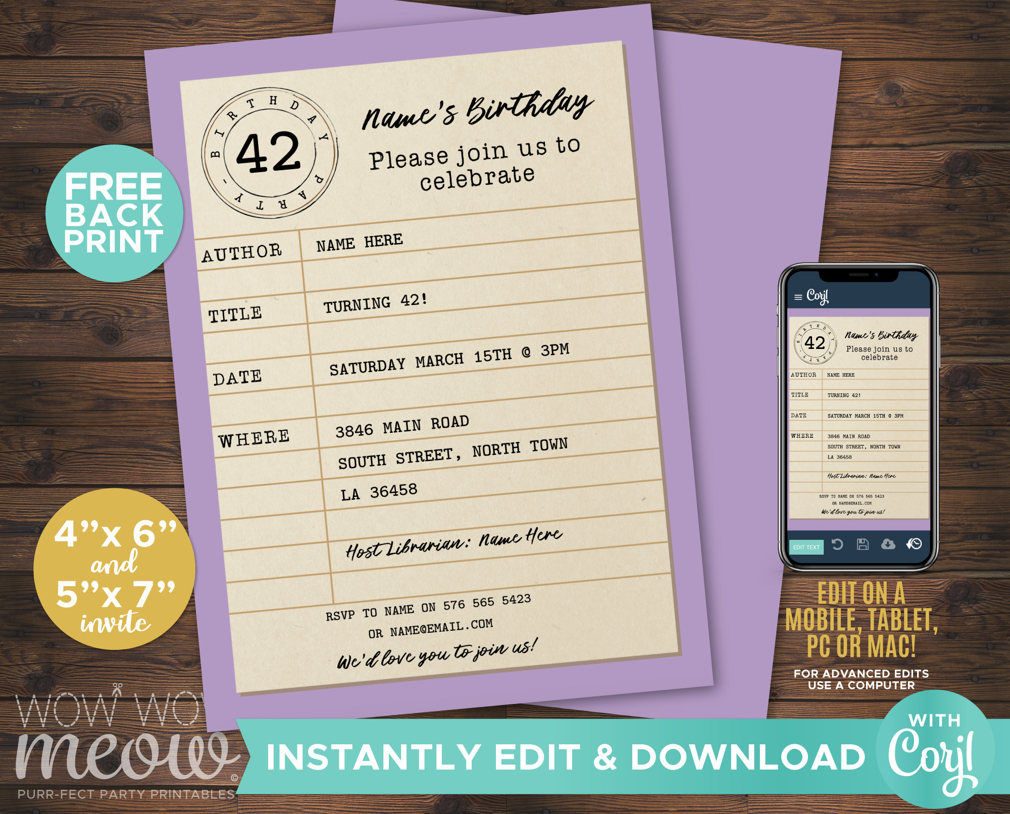 Library Card Birthday Invitation INSTANT DOWNLOAD Party | Etsy