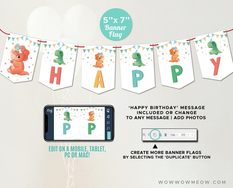 Cute Dinosaur Birthday Party Banner First Dino One Sweet Editable ...