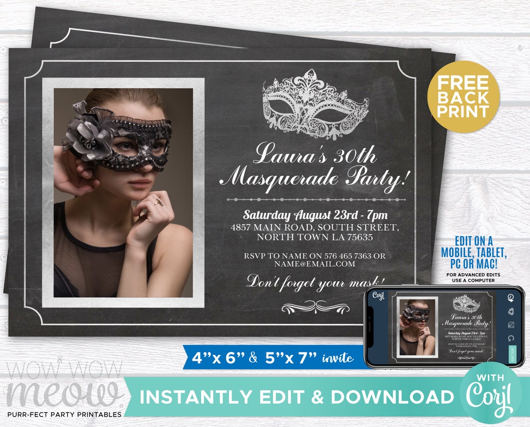 MASQUERADE Party Silver Mask Invitation Photo Elegant Birthday - Etsy