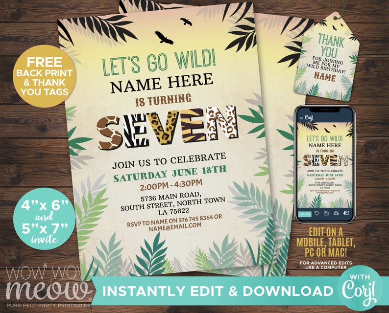 Seven Zoo Invitation 7th Birthday Jungle Invite Safari Wild | Etsy