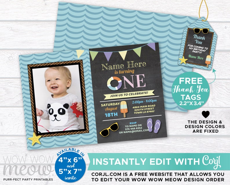 Beach First Birthday Invitation Pool Party Invite Boys One 1st | Etsy