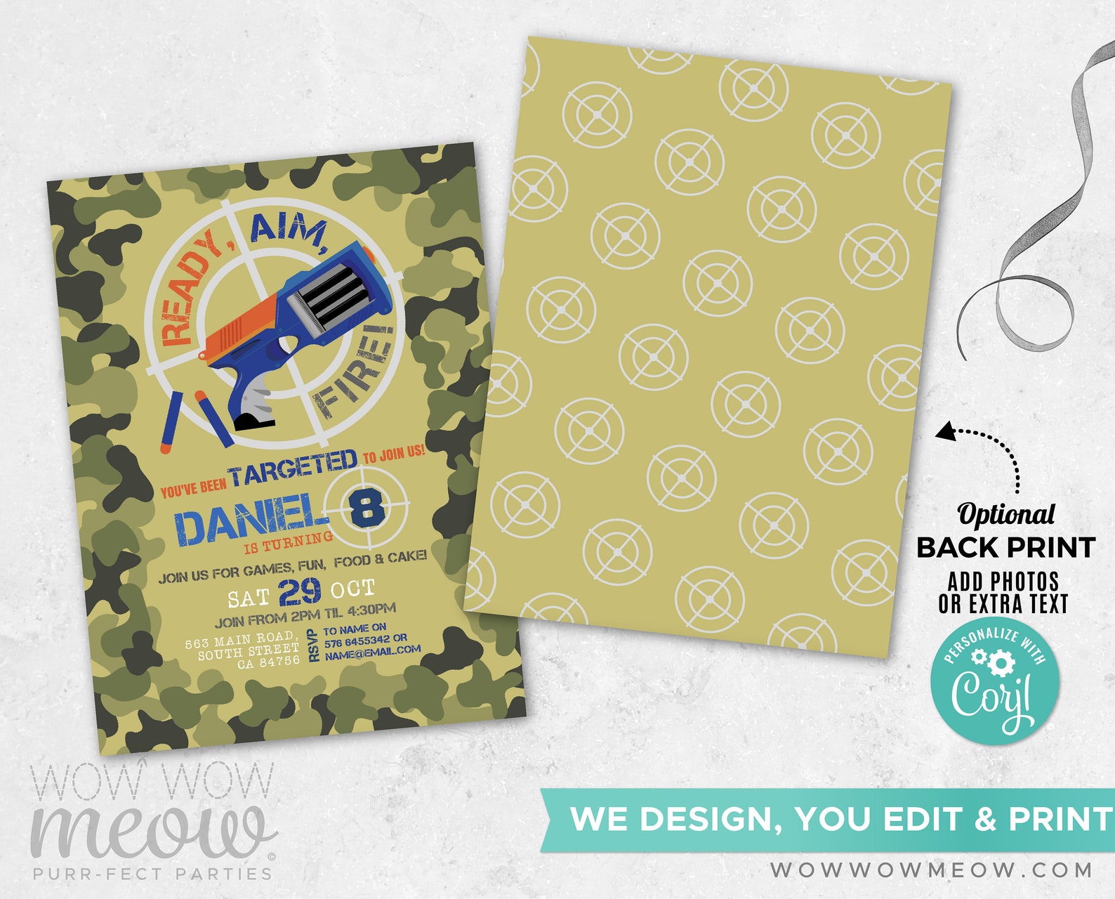 EDITABLE Dart Gun Birthday Invite Battle Camouflage Army Invitation ...