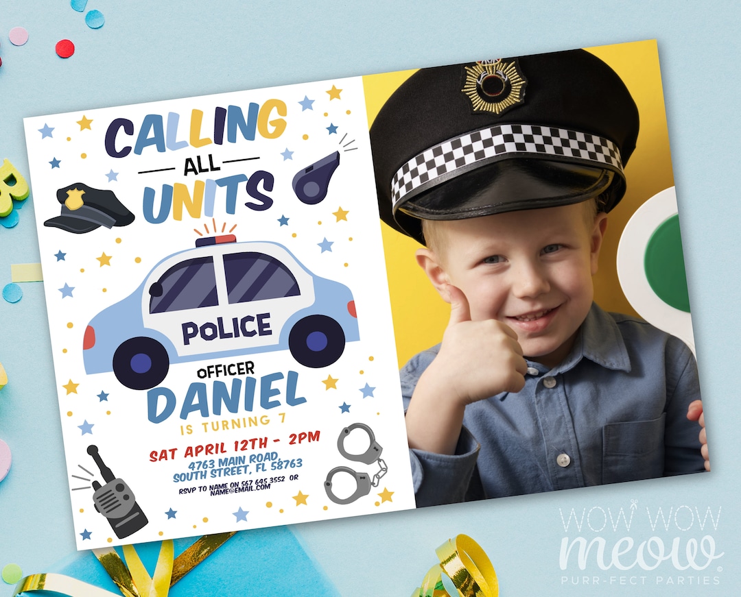 Police Invitation Photo Birthday Officer Cop Invite Car Vehicle Boys ...
