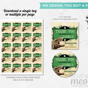 Dinosaur Thank You Tags T-rex Birthday Party Dino Jurassic Gift Tags ...