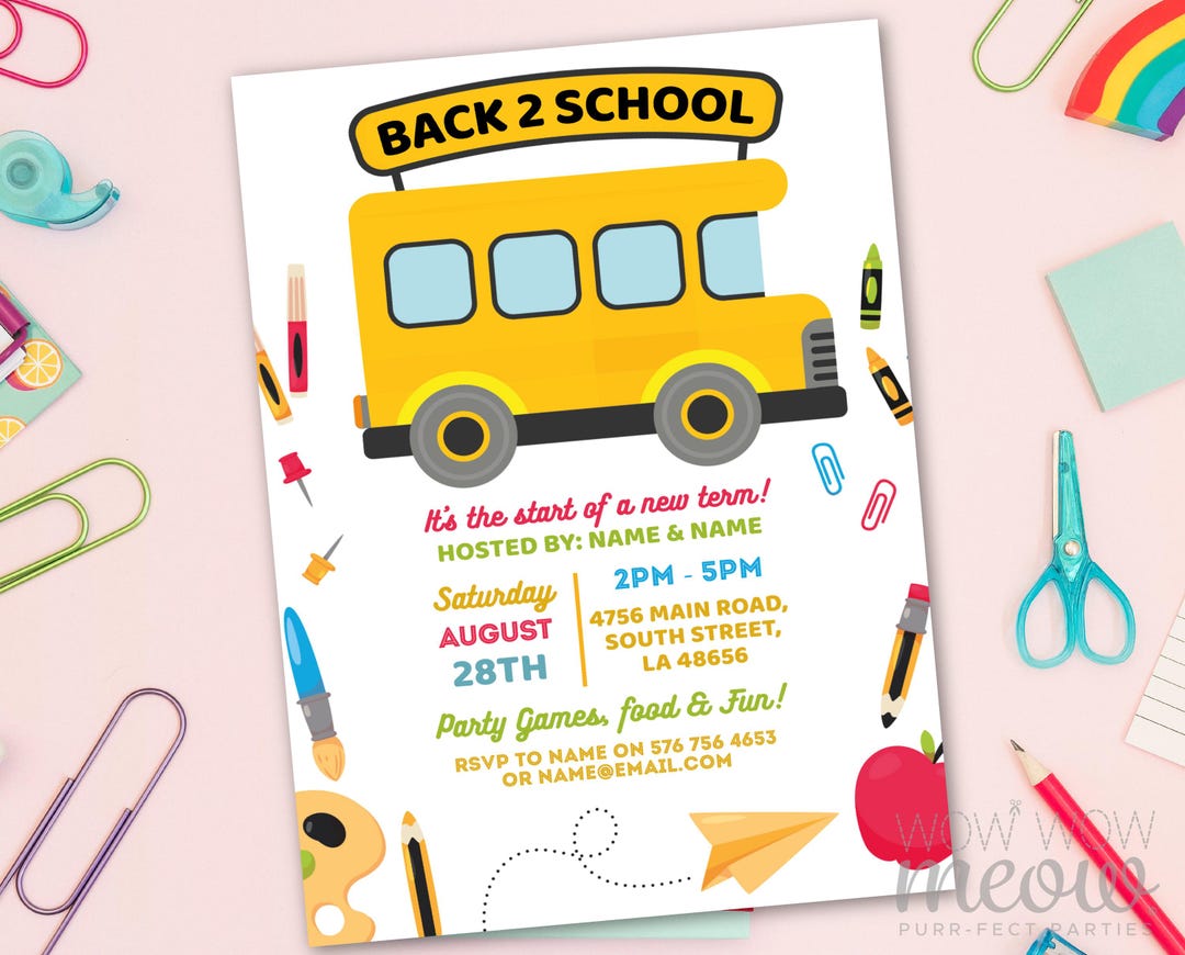 Back to School Invitations School Bus Party Pencil Stationary INSTANT ...