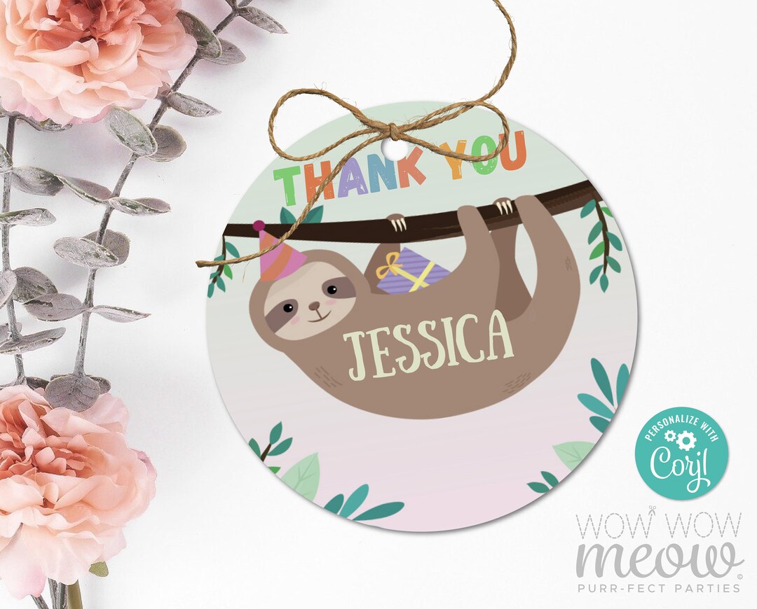 Sloth Birthday Thank You Girls Pink Tags Birthday Party Hang Out Wild ...