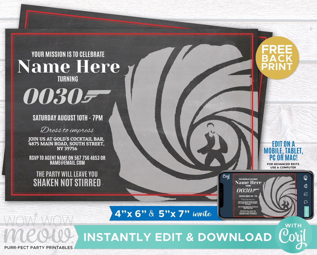 Secret Agent Spy Party Invite INSTANT DOWNLOAD Chalk Gun Detective Bond ...